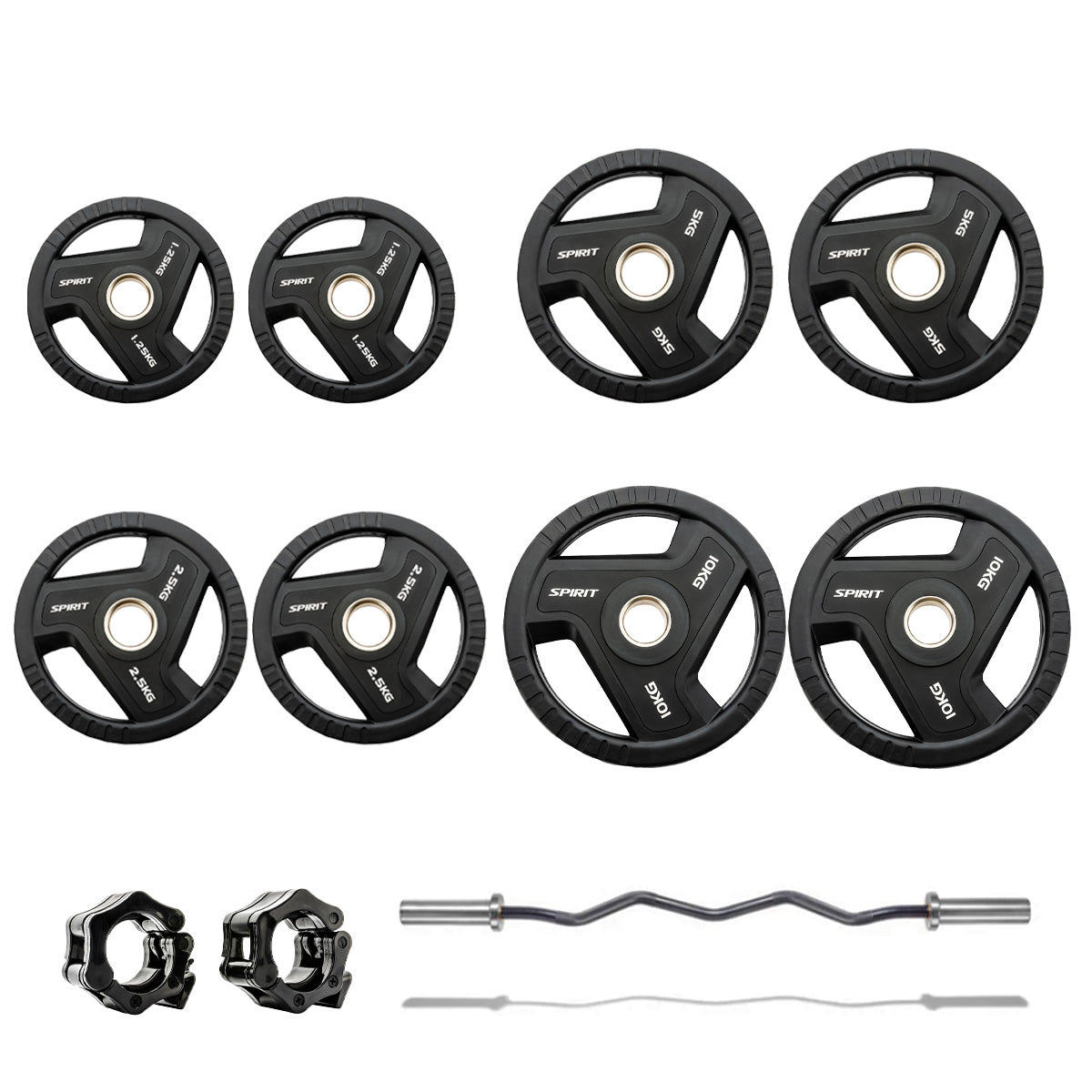 Spirit Fitness 45kg Olympic Rubber Tri Grip Weight Set with EZ Curl Ba ...