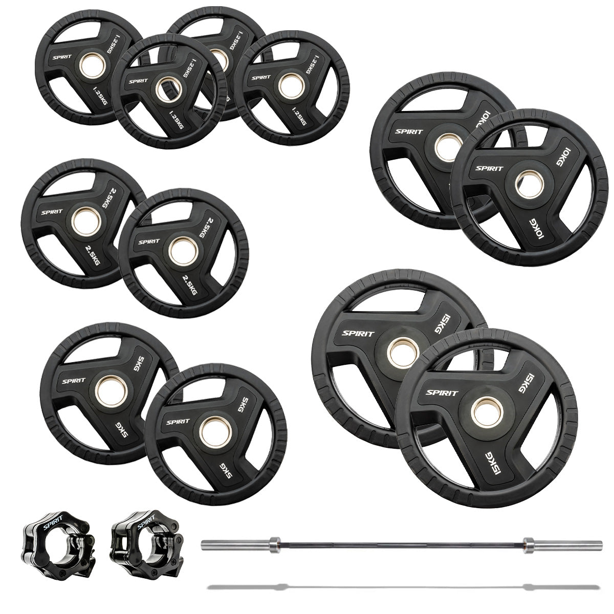 Spirit Fitness 85kg Olympic Rubber Tri Grip Weight Set with 6ft Bar ...
